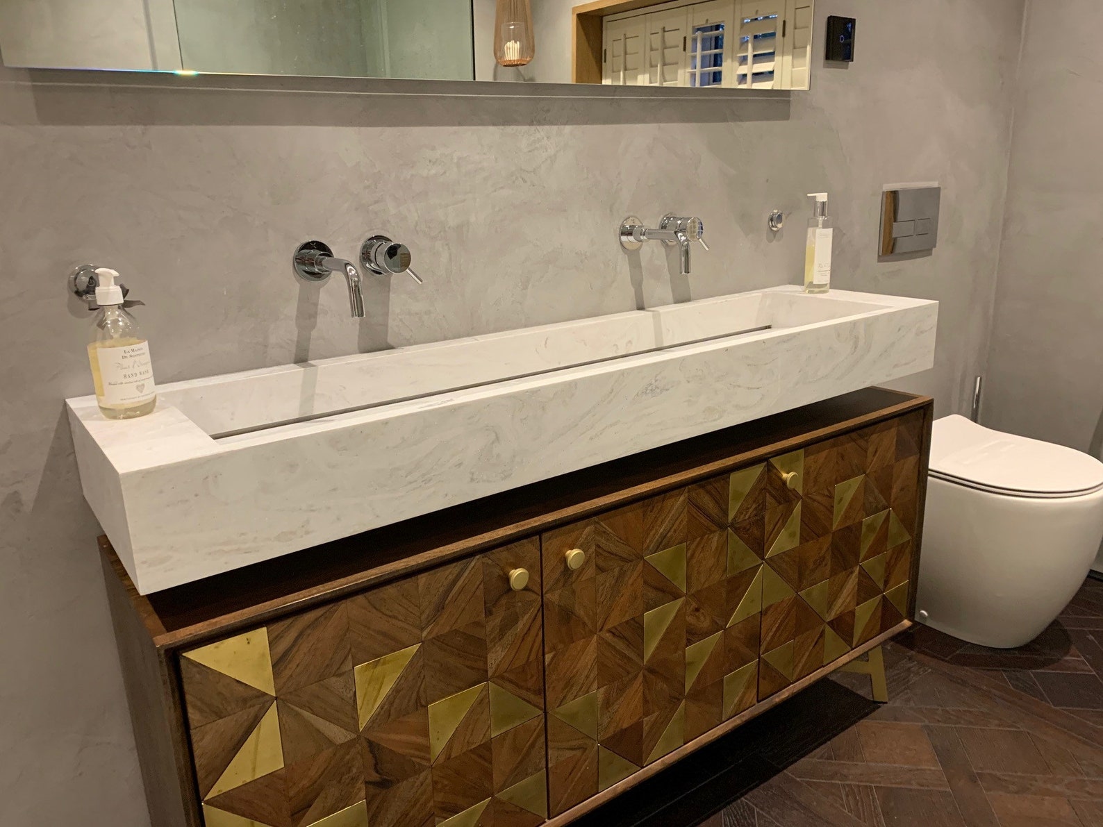Contemporary Single Corian Vanity With Hidden Waste in Limestone Prima ...