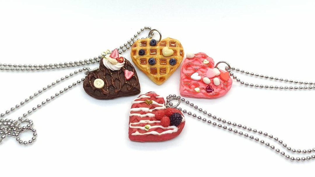 Heart Waffle Charm, Pink Waffle Necklace, Chocolate Waffle Charm, Food ...