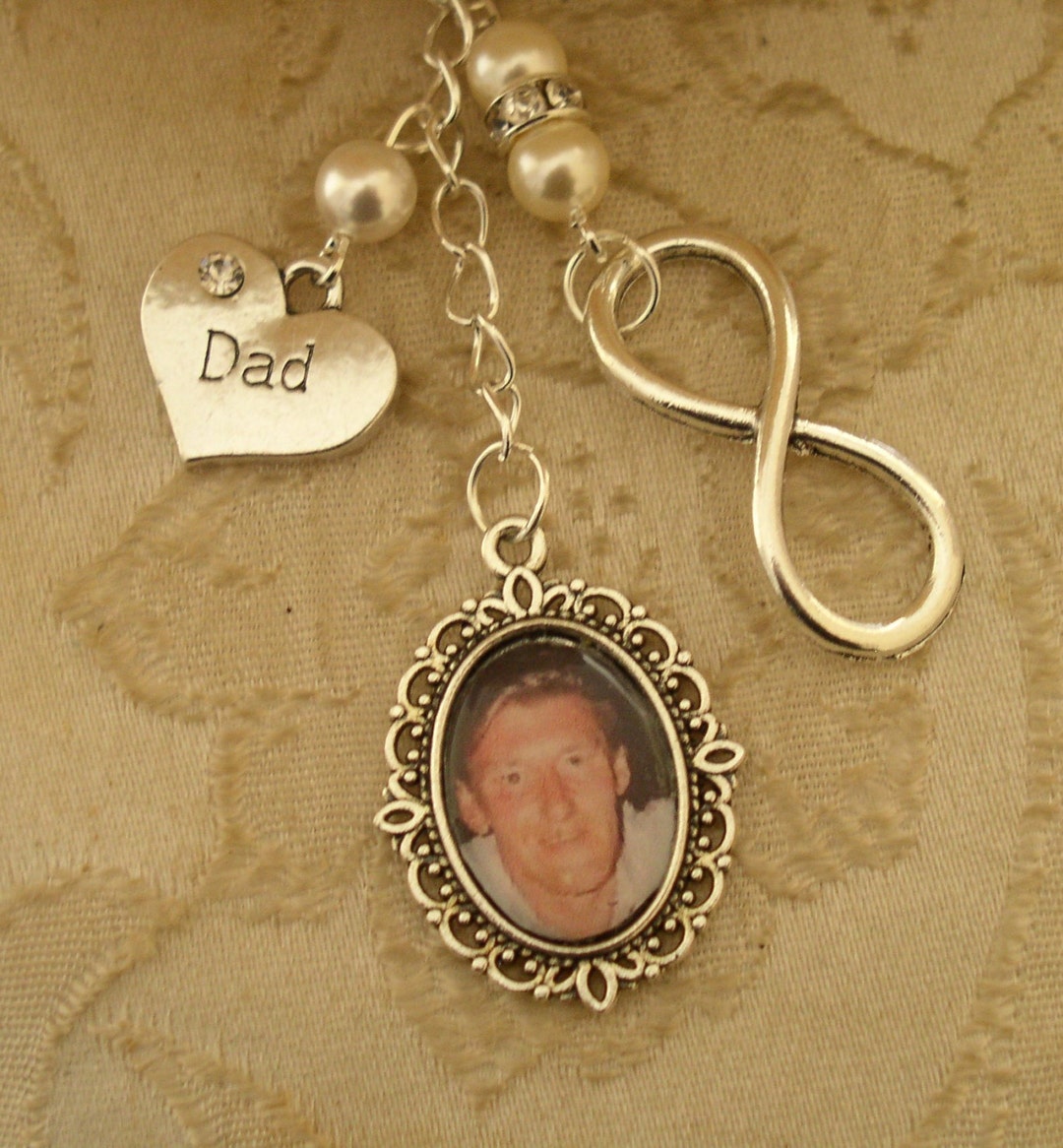 Dad Infinity Memorial Bouquet Photo Charm/bridal/ivory Swarovski Bead ...