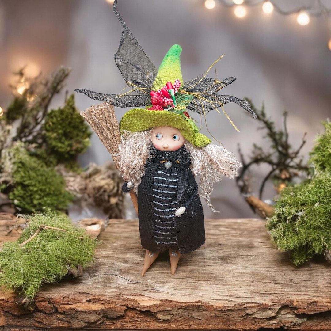 Witch With Broom, Witch Ornament, Witch Art Doll, Witch Decor, OOAK ...