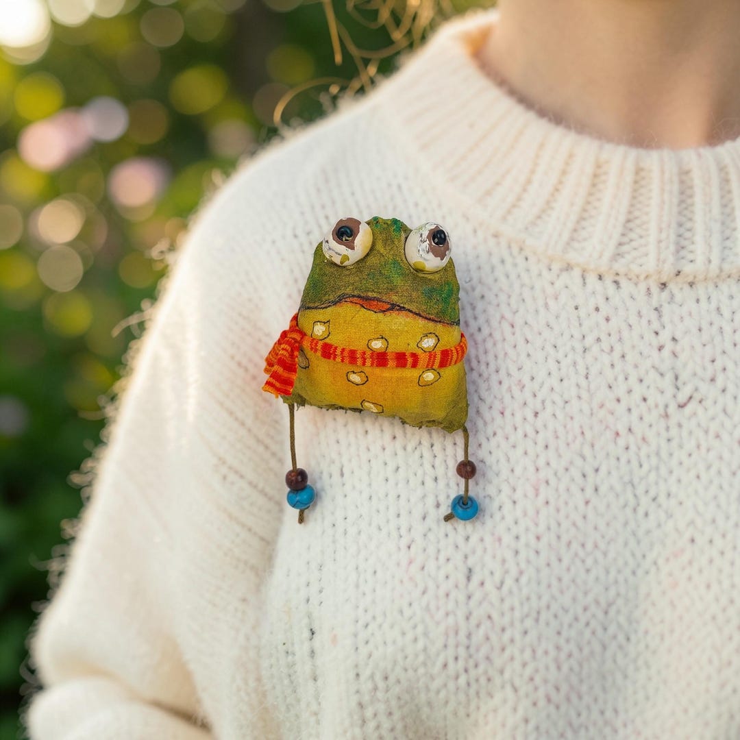 Textile Frog Brooch - Cute Handmade Fabric Frog Pin, Whimsical Animal ...