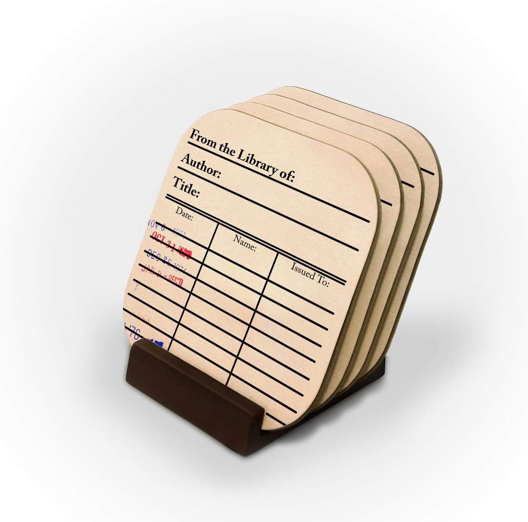 Set of Library Card Coasters With Stand. 4 Coffee Mug Coasters With ...
