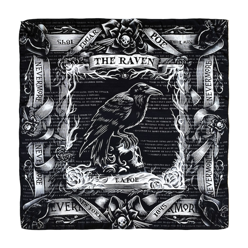 The Raven by Edgar Allan Poe Square Satin Scarf. Black Scarf, Goth ...