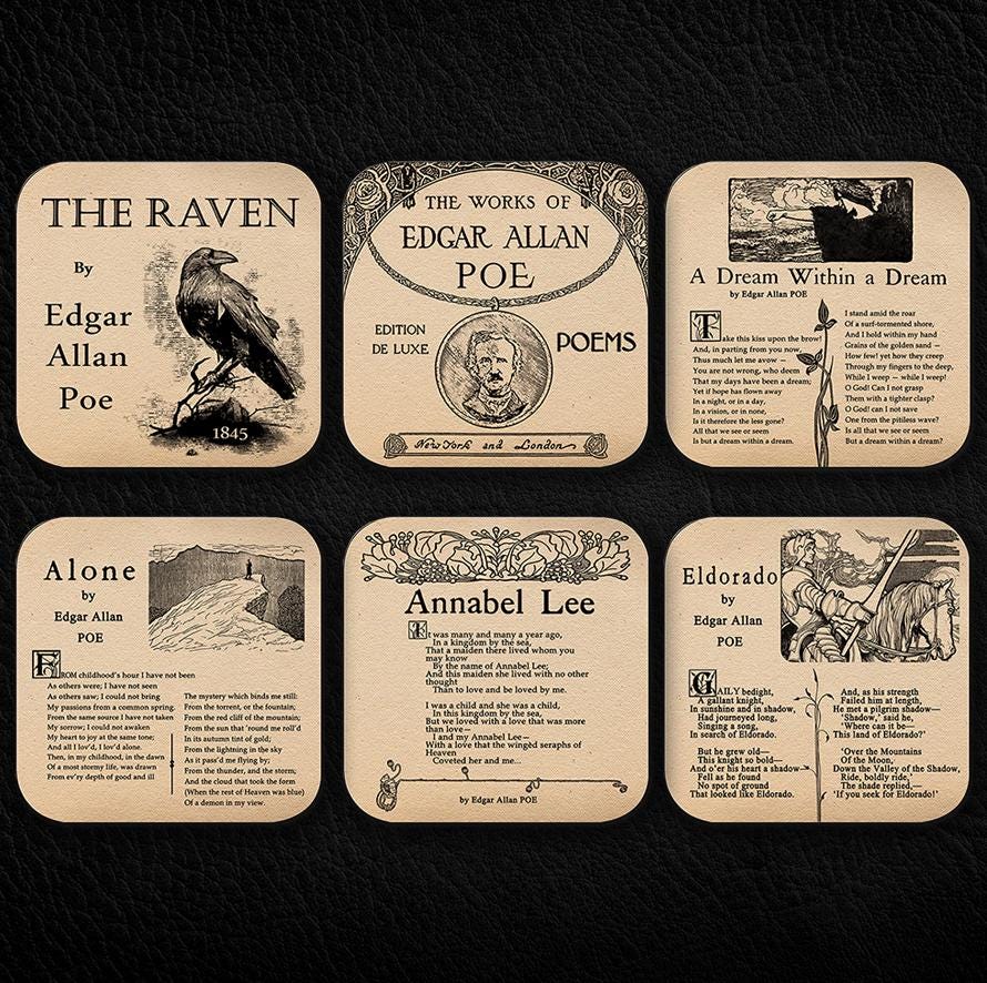 6 Coasters With Edgar Allan Poe Poems. Six Coffee Mug Coasters With ...
