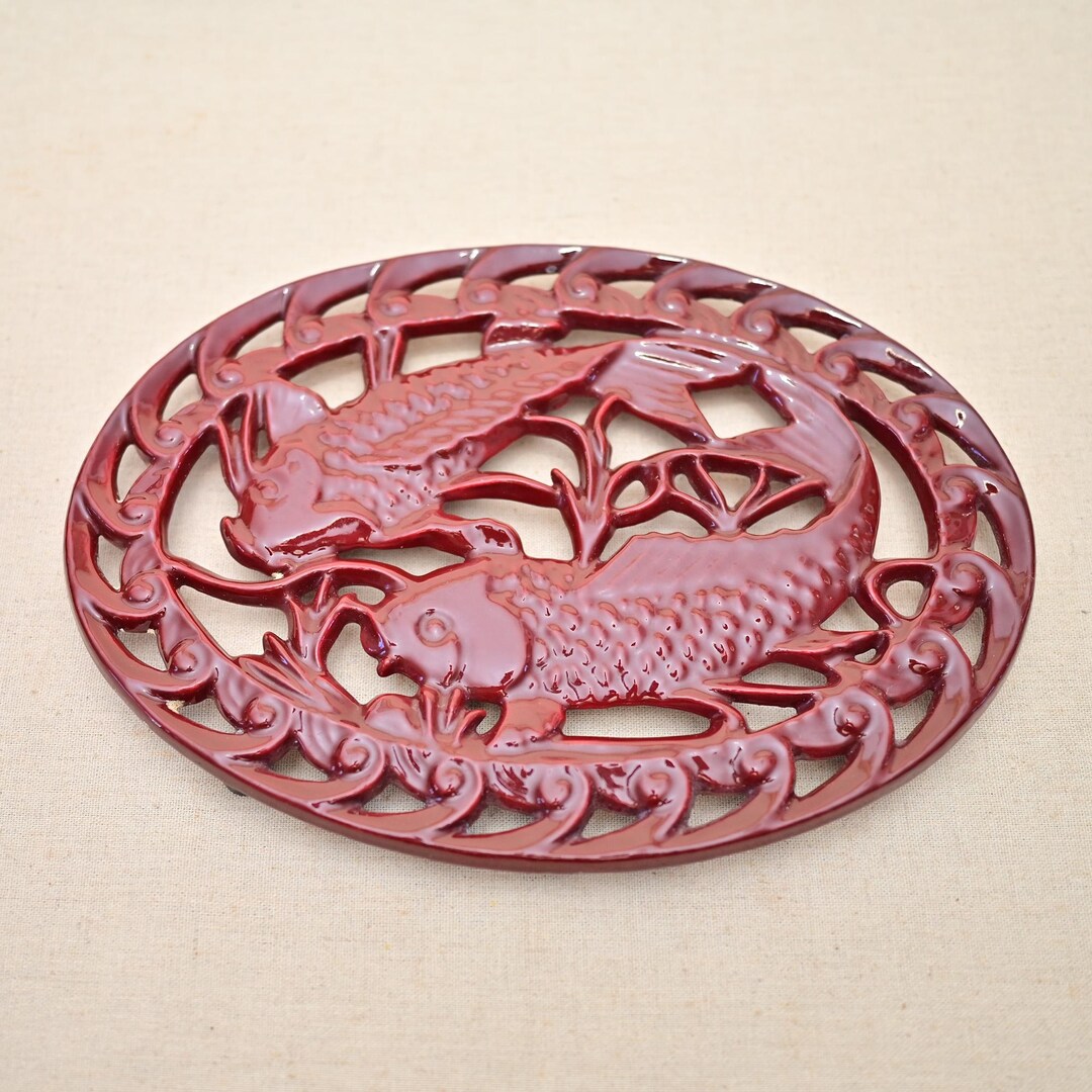 Wrought Iron Enamel Oval Trivet Koi Fish Vintage French Classic ...