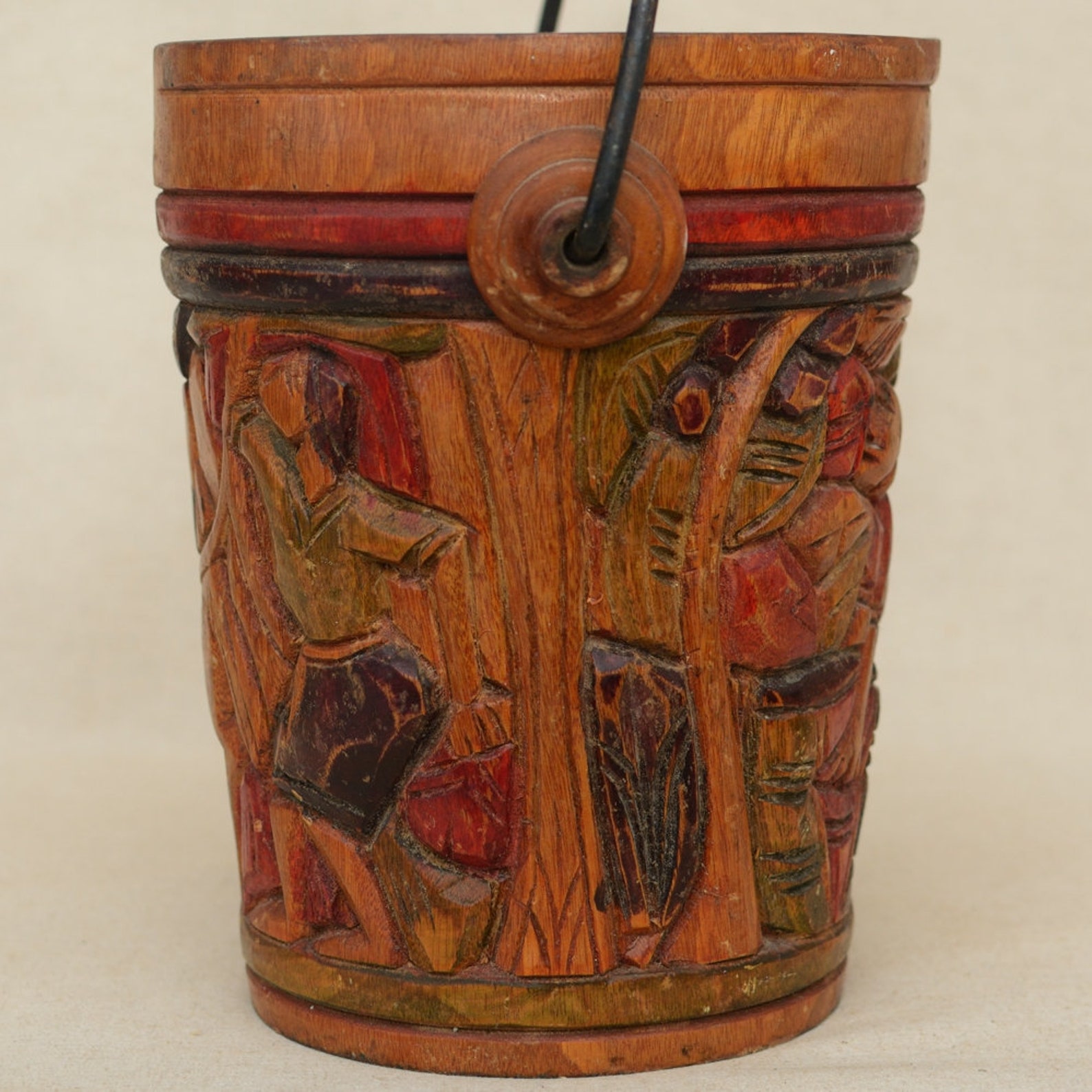 Ancient Vintage Carved Wood Harvest Bucket With Hand Sculpted and ...