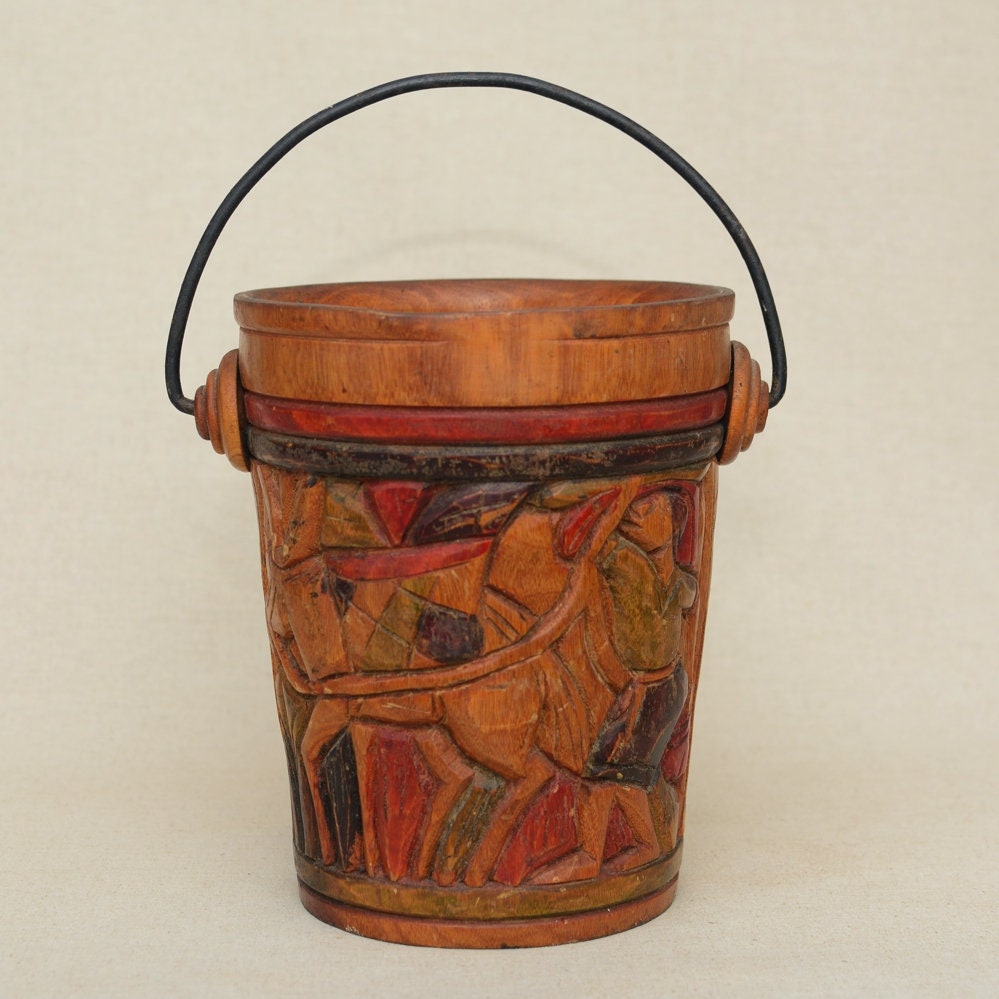 Ancient Vintage Carved Wood Harvest Bucket With Hand Sculpted and ...