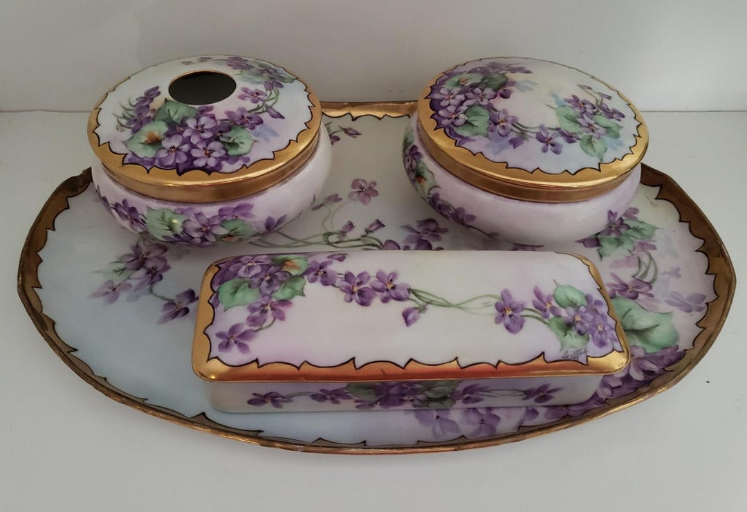 Antique Vanity Set W/ Painted Violets & Painted Gold Trim, All Signed ...