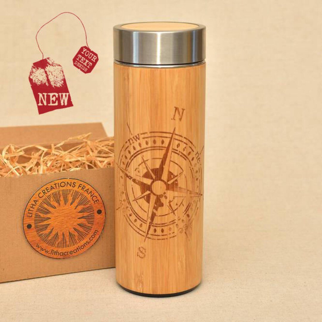 COMPASS Bamboo Wood Thermos Nautical Gift Water Infusion Bottle With ...
