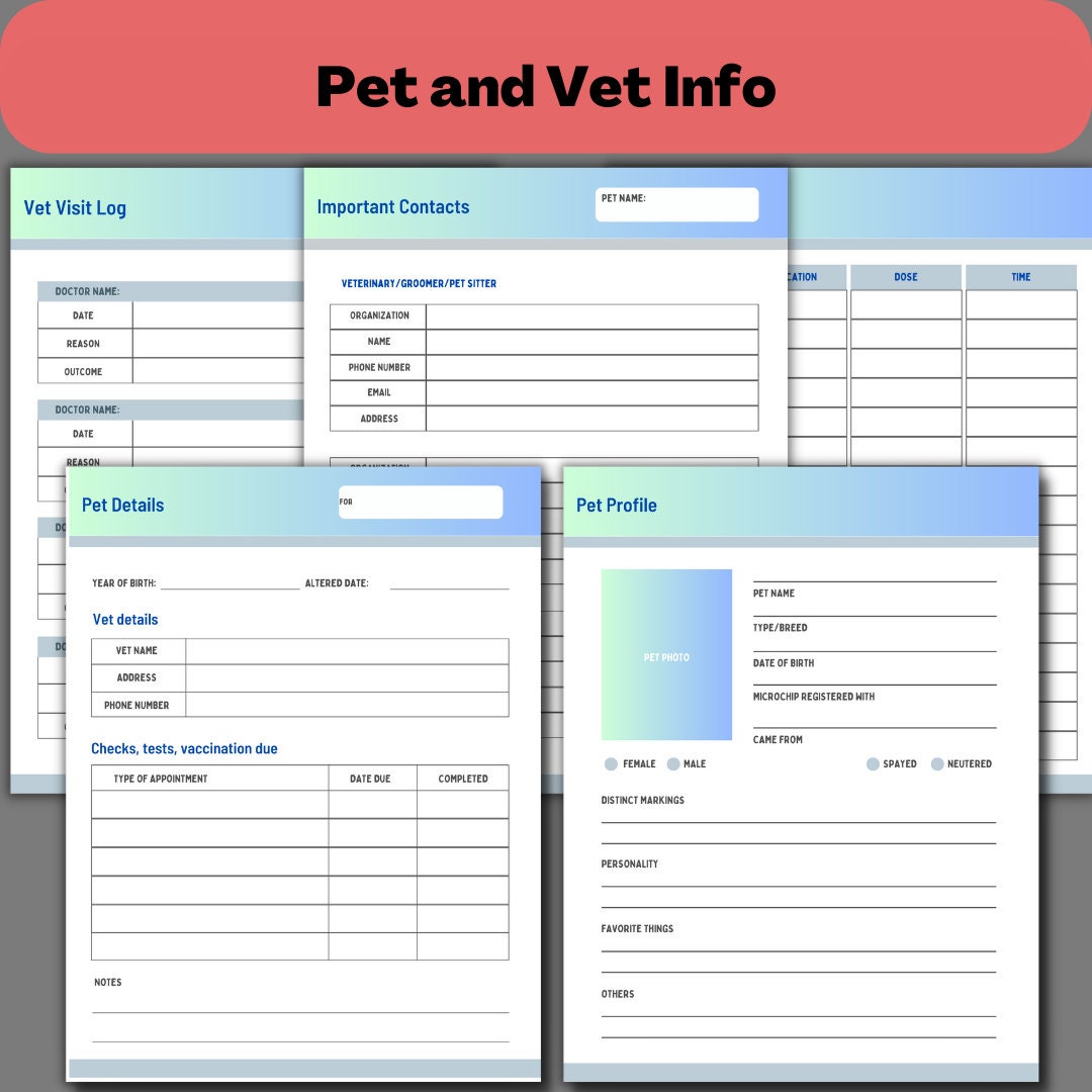 Printable Pet Care Planner Bundle for Organizing Pet Health Records ...