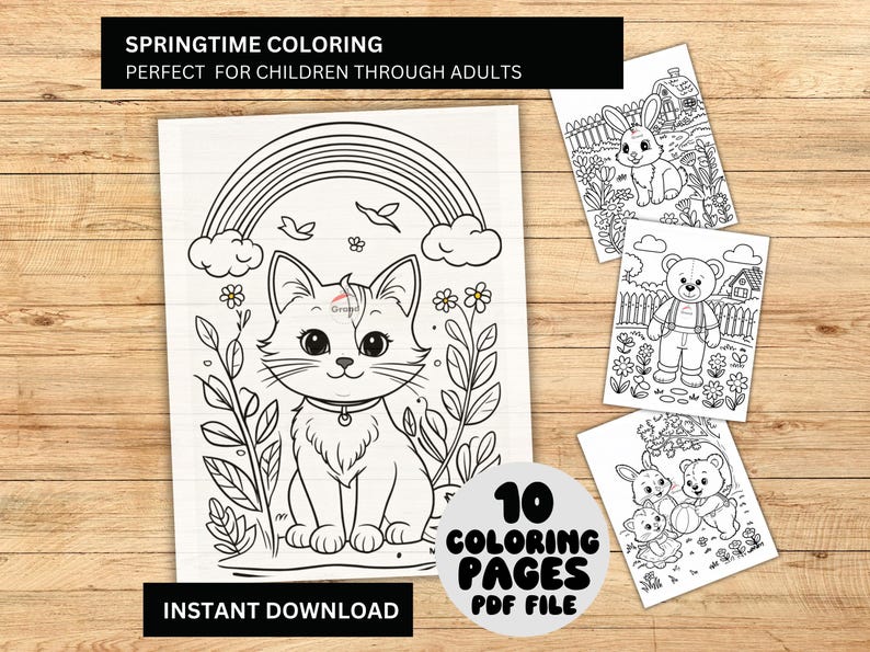 Springtime Coloring Pages: Bunny, Bear, Kitten (printable PDF) - Etsy