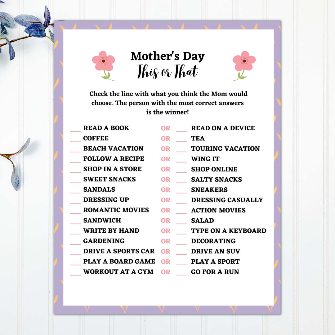 Mothers Day Brunch Games, This or That Game Printable, Family Party Fun ...
