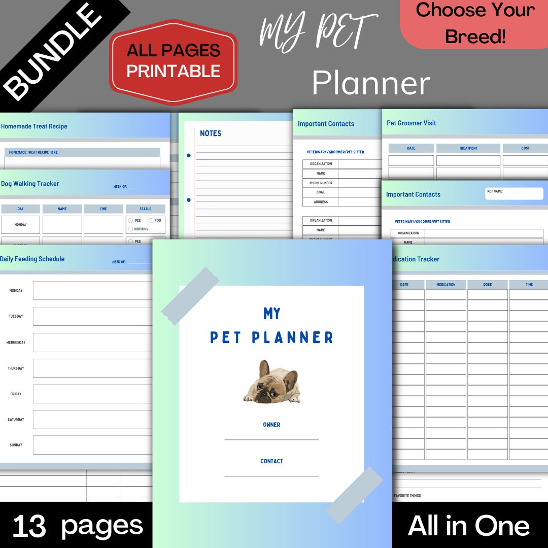 Printable Pet Care Planner Bundle for Organizing Pet Health Records ...