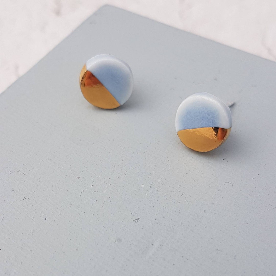 Tiny Blue & Gold Round Stud Earrings Porcelain Gold Lustre Stud ...