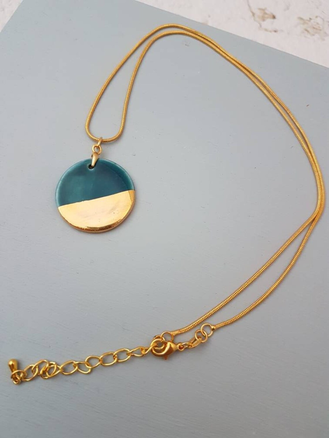 Turquoise & Gold Round Pendant Necklace Porcelain Gold - Etsy