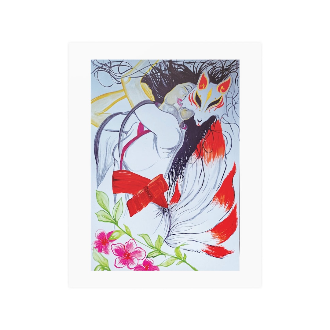 Mythical Japanese Folklore Kitsune Female Fox Spirit Wall Art Satin ...