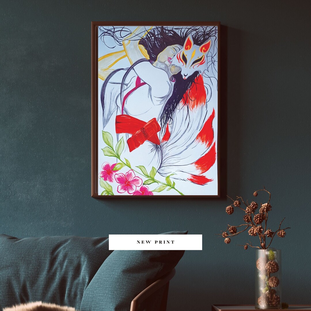 Mythical Japanese Folklore Kitsune Female Fox Spirit Wall Art - Etsy