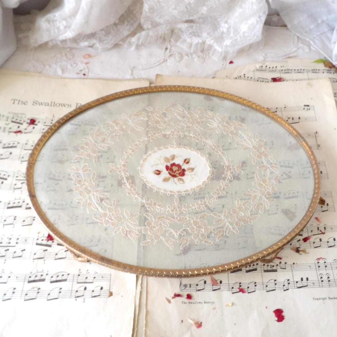 Vintage Dressing Table Tray With Lace and Embroidered Roses - Etsy