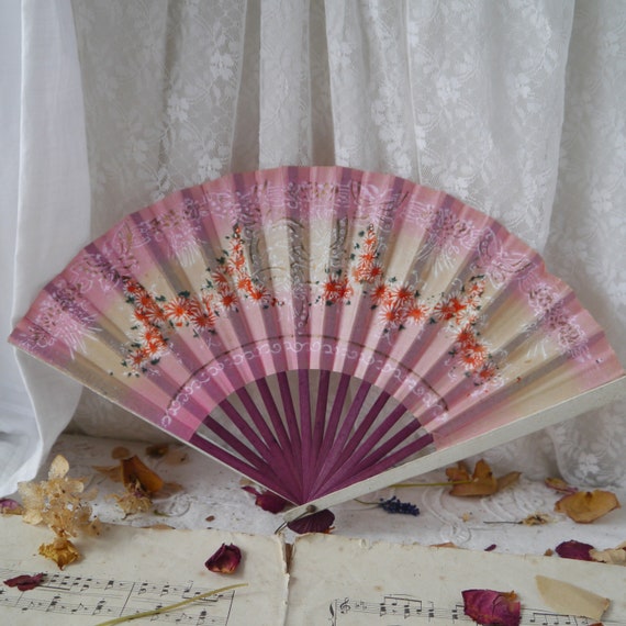 Vintage Pink Floral Paper Fan Made in Japan - Gem