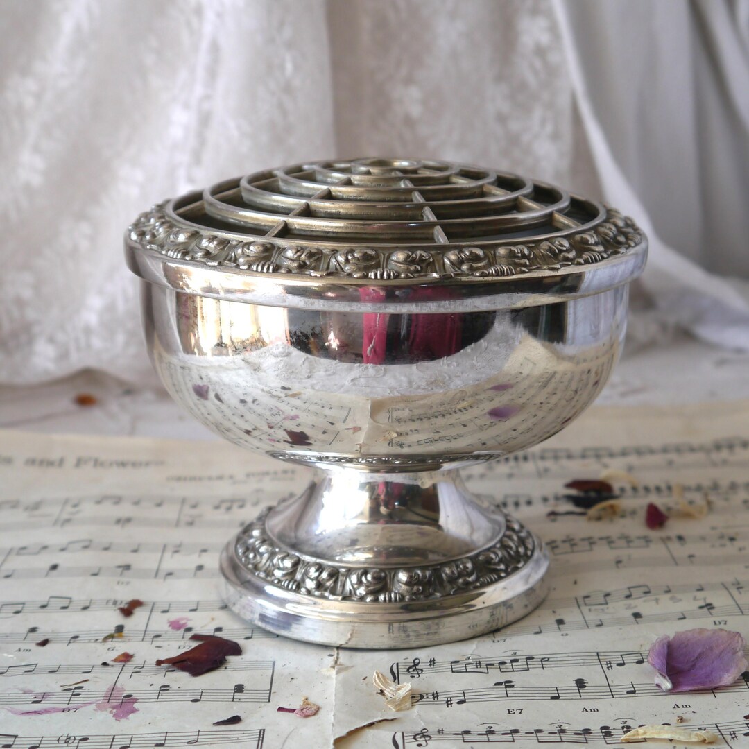 Vintage Silverplate Rose Bowl With Metal Grid Holder - Etsy