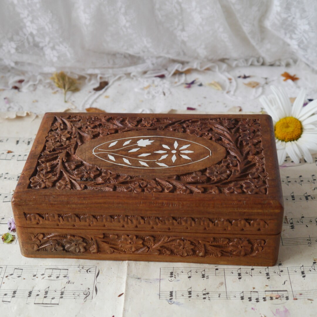 Carved Wooden Box With Inlaid Shell - Etsy