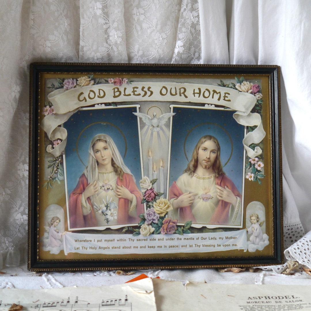 Vintage Religious Print God Bless Our Home - Etsy