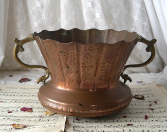 Antique Large Round Copper Planter, Plant Pot Holder Two Brass Handles ...