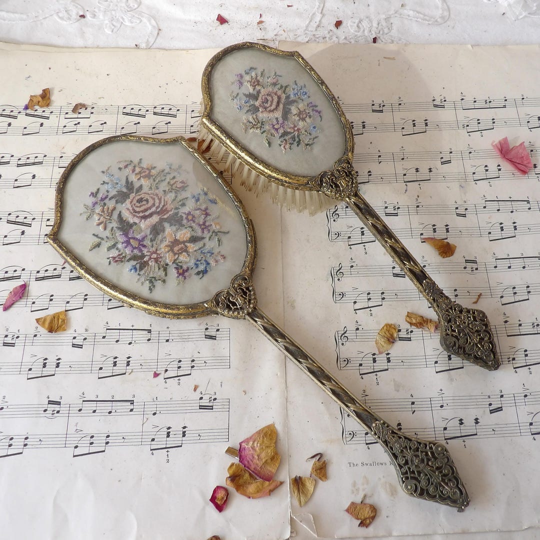 Vintage Hand Mirror and Brush Set With Petit Point Floral Embroidery - Etsy