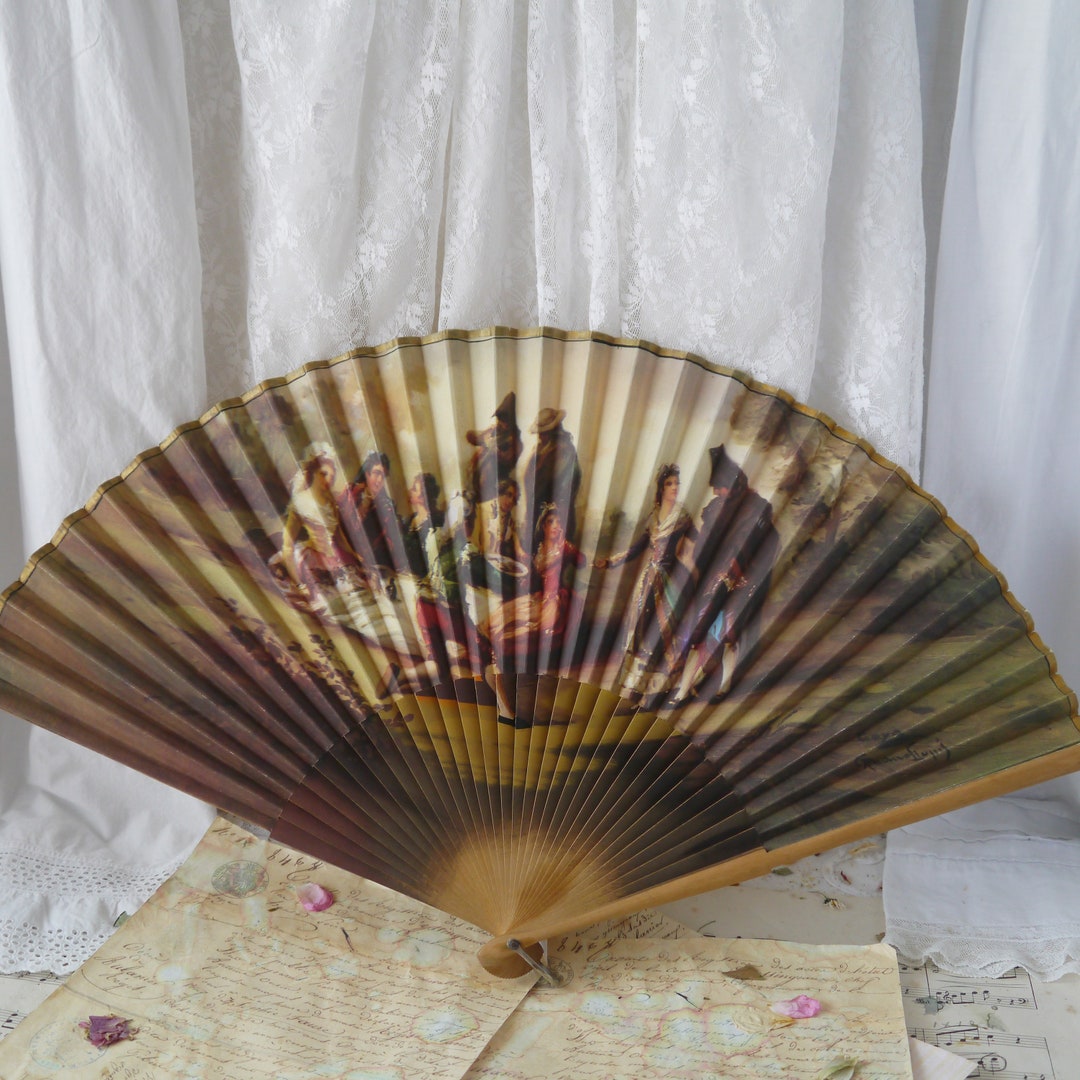 Vintage Wood and Paper Fan With Printed Picture - Etsy