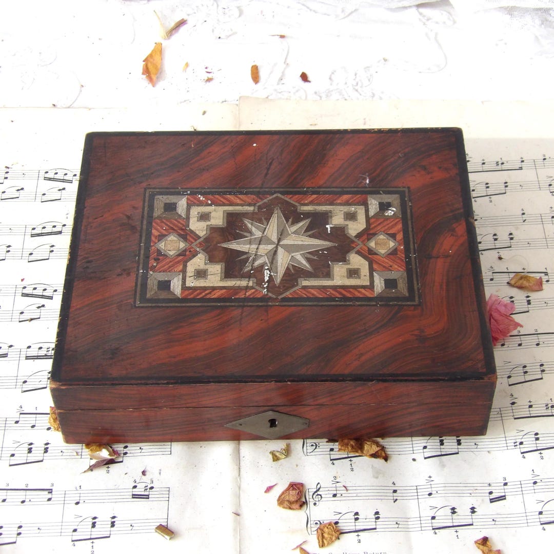 Antique Wooden Writing Box With Decorative Lid - Etsy