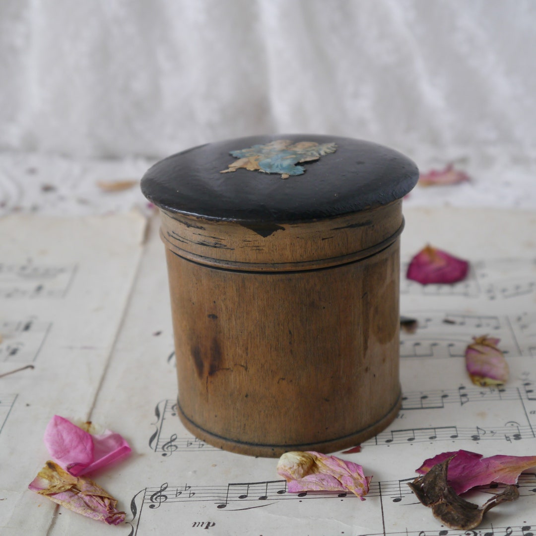 Vintage Round Wooden Pot With Picture Lid - Etsy