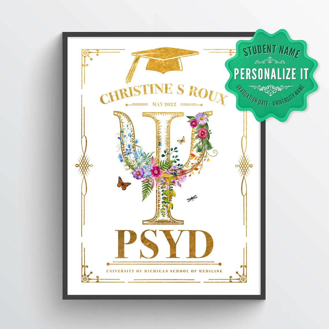 Personalized PSYD With Flowers Print Doctor of Psychology - Etsy