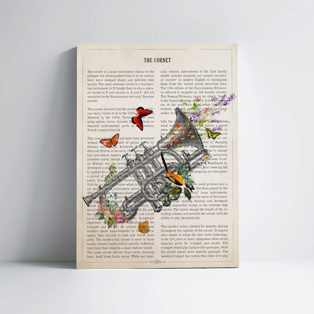 Cornet With Flowers Print, Musical Instrument, Musician Decor, Cornet ...