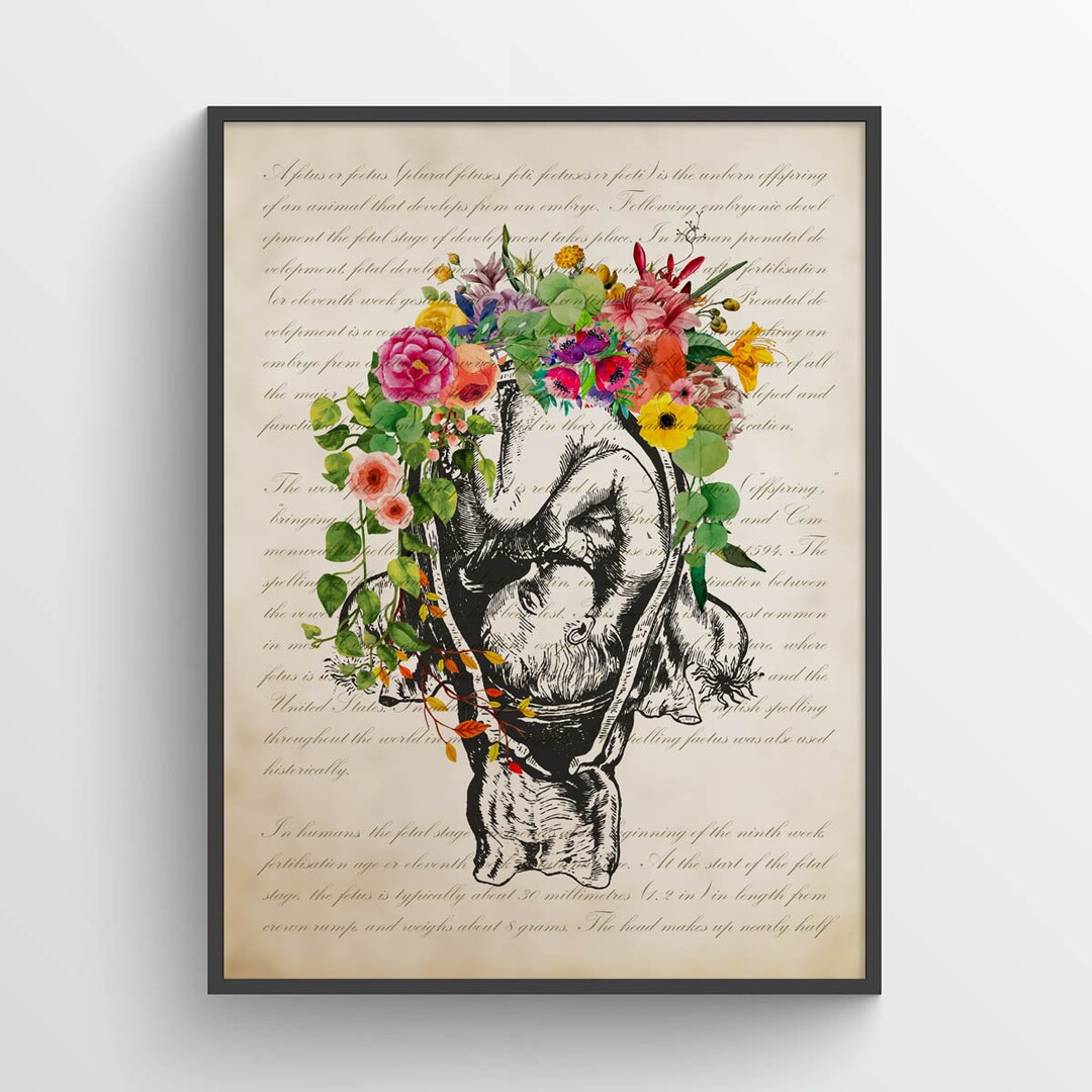 Fetus in Utero Anatomy With Flowers Print, Obstetrician Graduation Gift ...