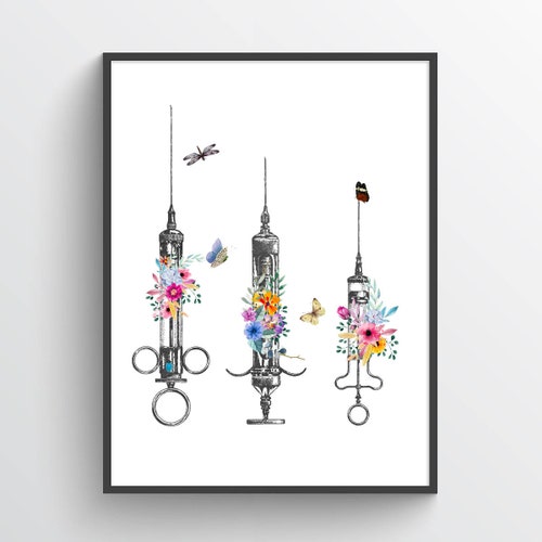 Syringe With Flowers Print Medical Art Nurse Graduation - Etsy