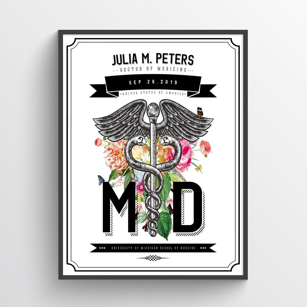 Personalized MD With Flowers Print, Doctor of Medicine Gift, MD ...