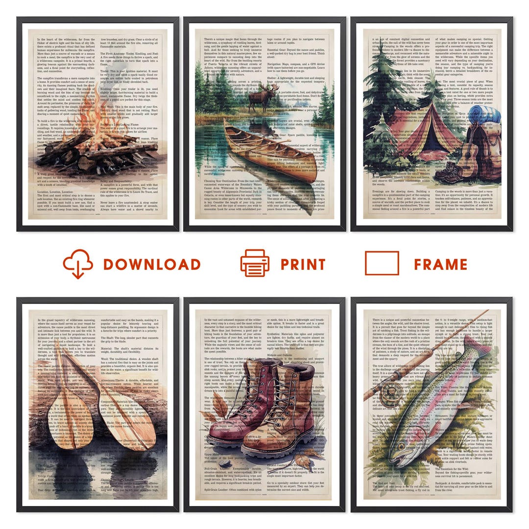 Camping Prints Set of 6 | Outdoorsy Art | Fishing and Canoeing Poster ...