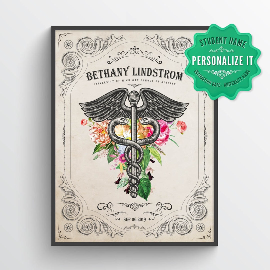 Personalized Caduceus With Flowers Print, Public Health Service Gift ...