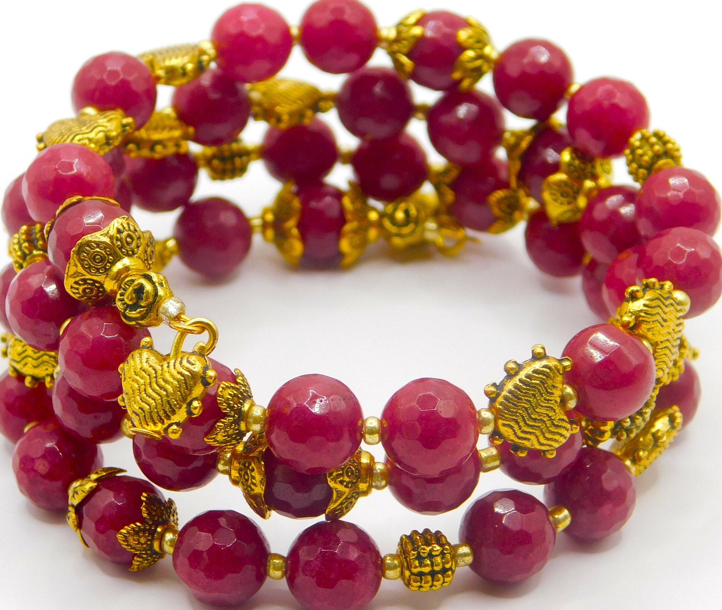 Ruby Red Jade Memory Wire Bracelet, Hearts Charm Bracelet, Red Gemstone ...