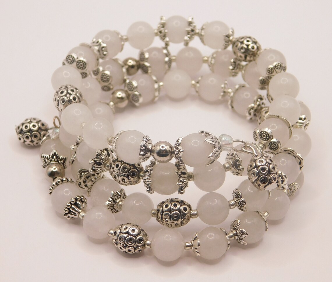 White Jade Memory Wire Bracelet, Jade Stacked Bracelet, Gemstone ...