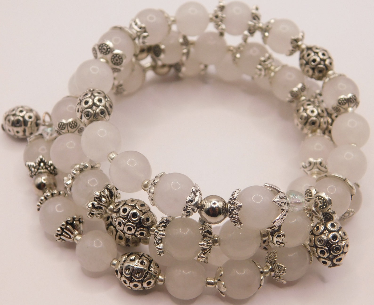 White Jade Memory Wire Bracelet, Jade Stacked Bracelet, Gemstone Stacked Bracelet, White Memory ...