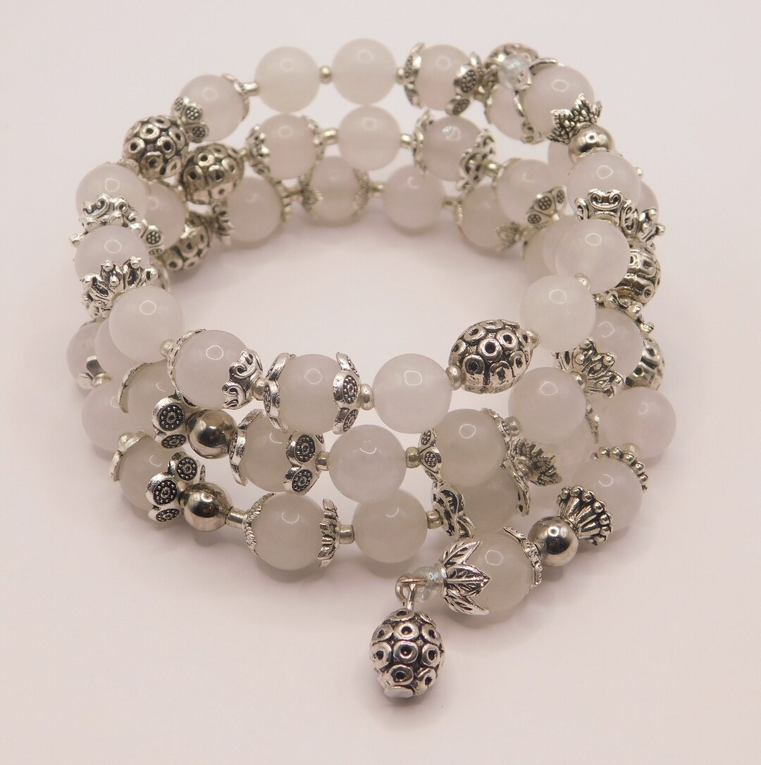 White Jade Memory Wire Bracelet, Jade Stacked Bracelet, Gemstone ...