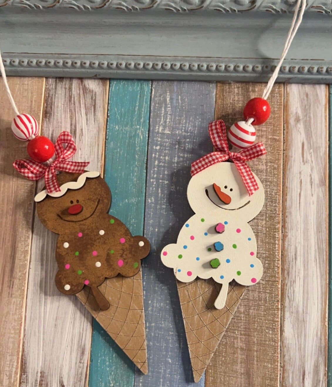 DIY Craft Kit Pair of Ice Cream Cone Ornaments Snowman and Gingerbread ...