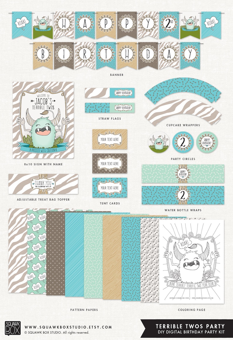 Terrible Twos Birthday Decorations – Printable Party Kit by Squawk Box ...