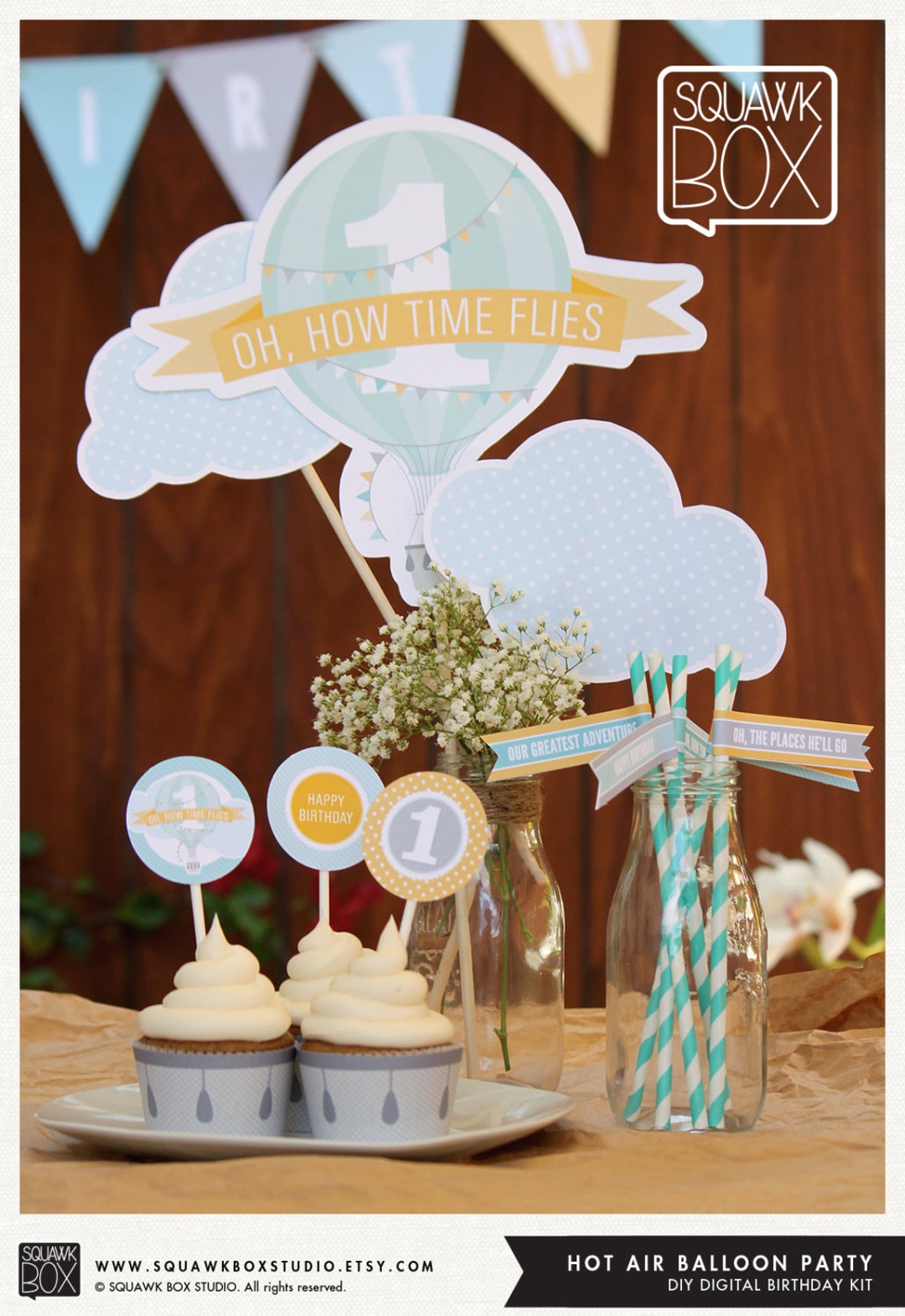 Hot Air Balloon Party Set for Boys or Girls – Printable First Birthday ...