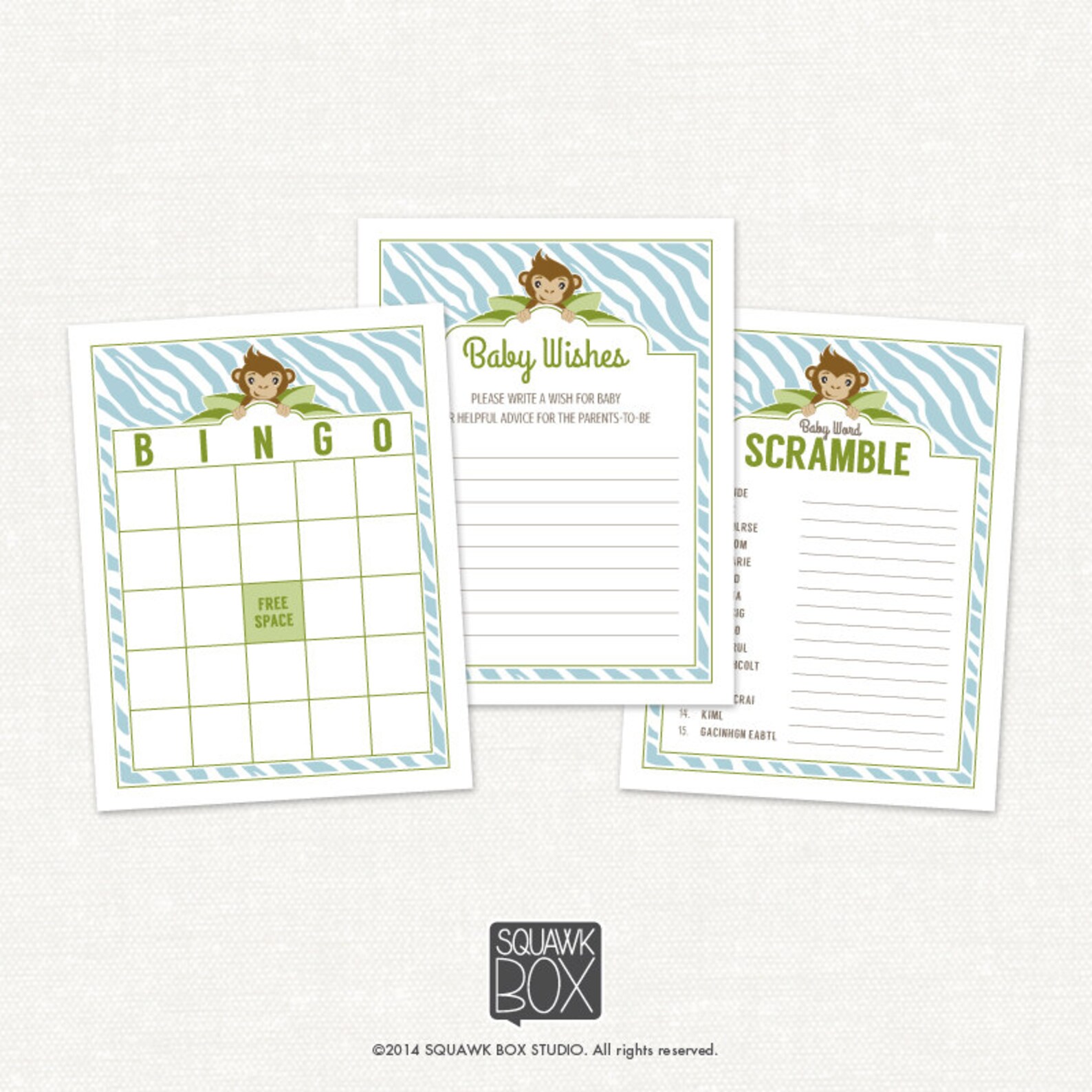 Silly Little Monkey Baby Shower Games – Boy, Blue Safari – Printable ...