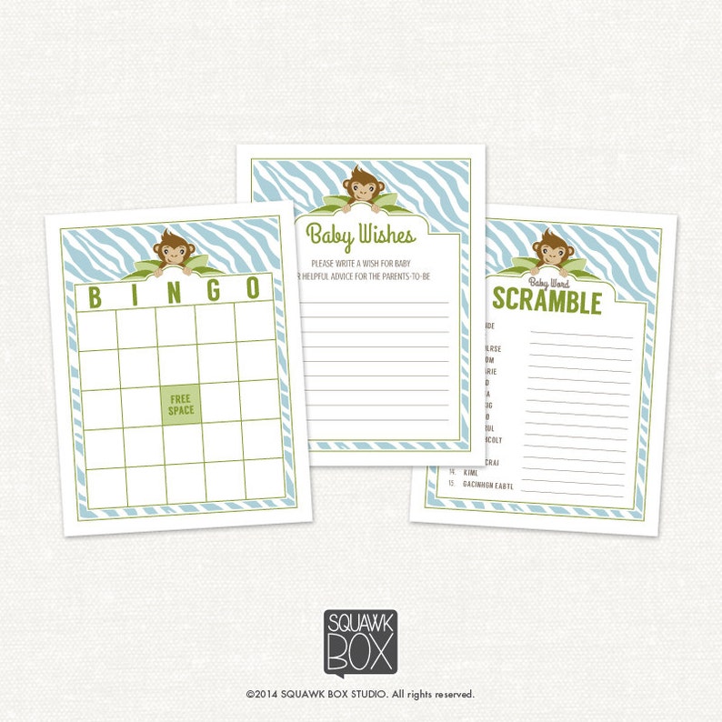 Silly Little Monkey Baby Shower Games – Boy, Blue Safari – Printable ...