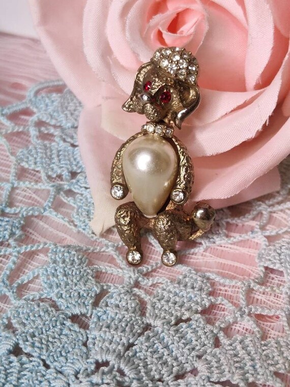 Vintage kitsch 1950s Gold tone poodle brooch with red… - Gem