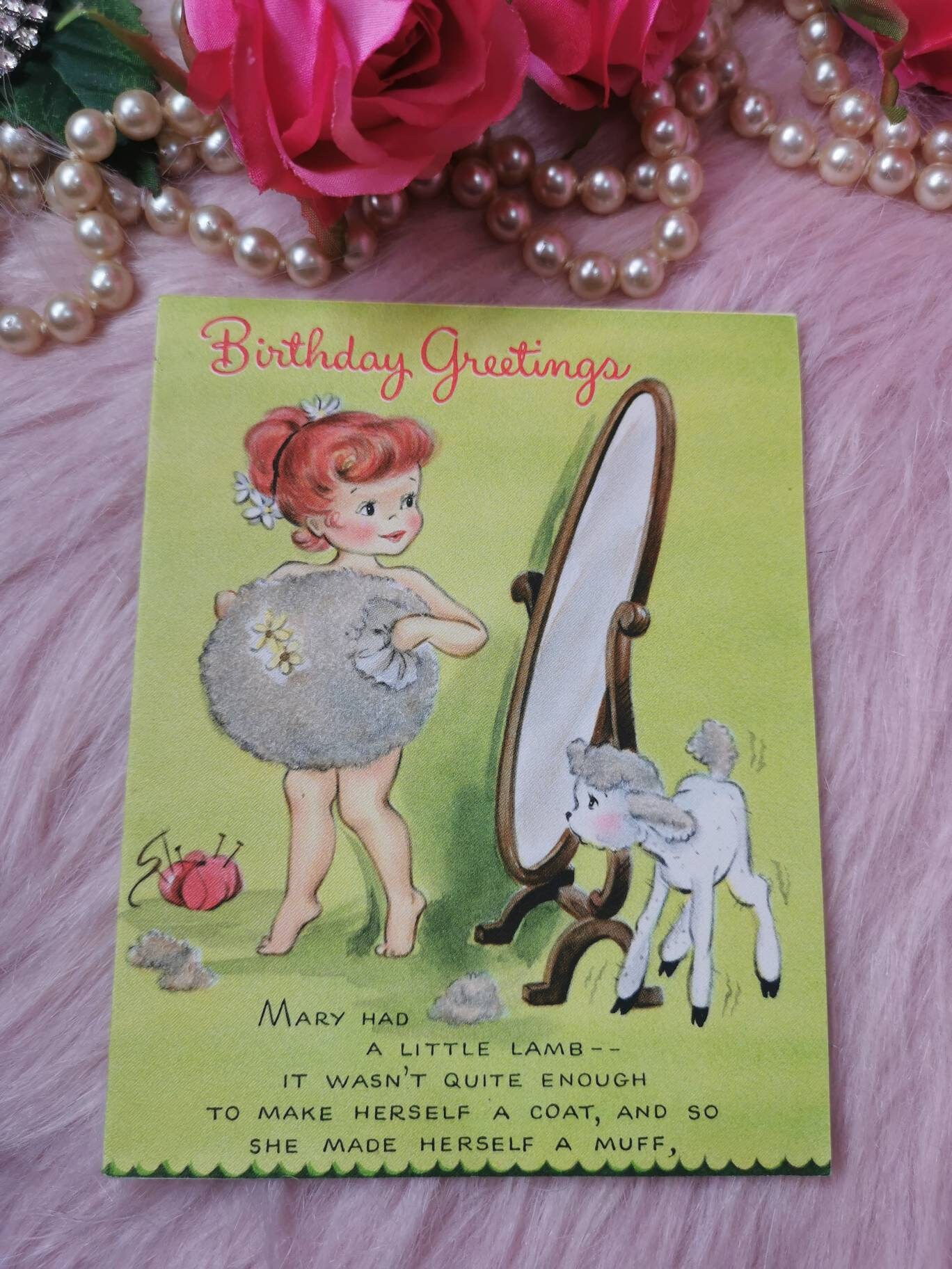 Vintage Kitsch Happy Birthday Rotkopf Mädchen und Lamm Karte | Etsy