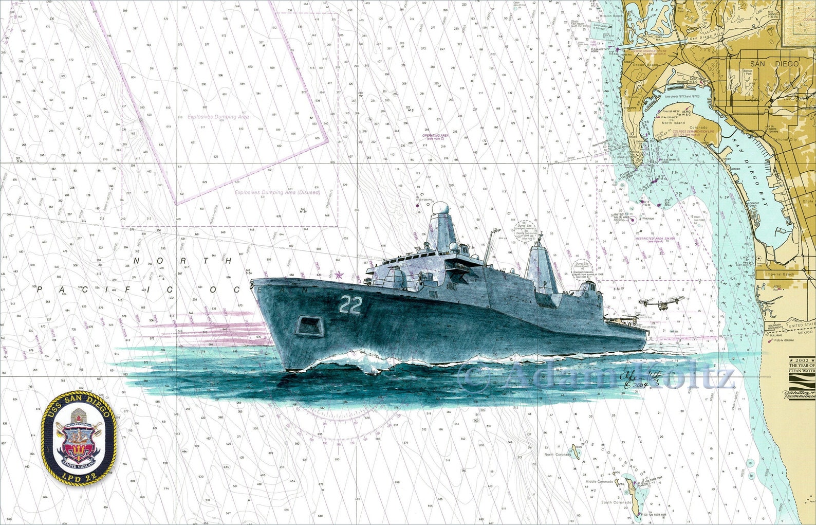 USS San Diego LPD 22 Museum Quality Giclée Print of Watercolor Painting ...